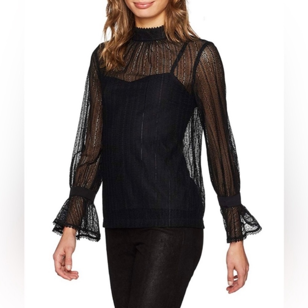 Trina Turk Cicero Black Lace Ruffle Sleeve High Neck … - Gem